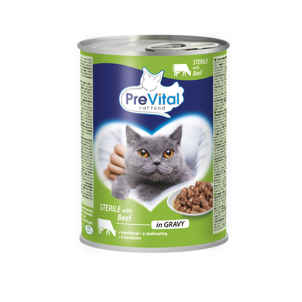 Complete pet food for adult, sterile cats with beef in gravy – PreVital